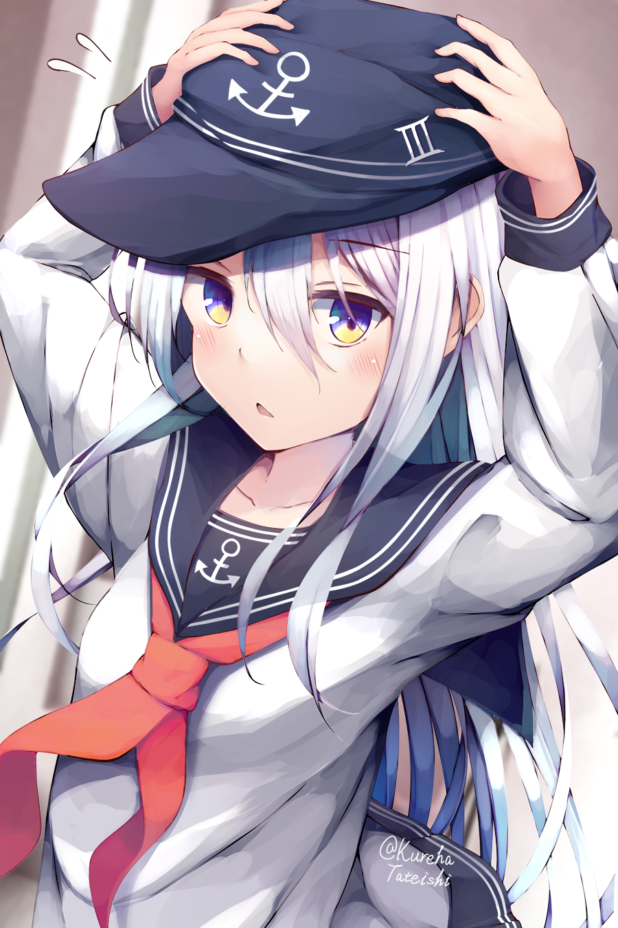 Safebooru - 1girl anchor symbol black sailor collar blue eyes flat cap hair between eyes hat ...