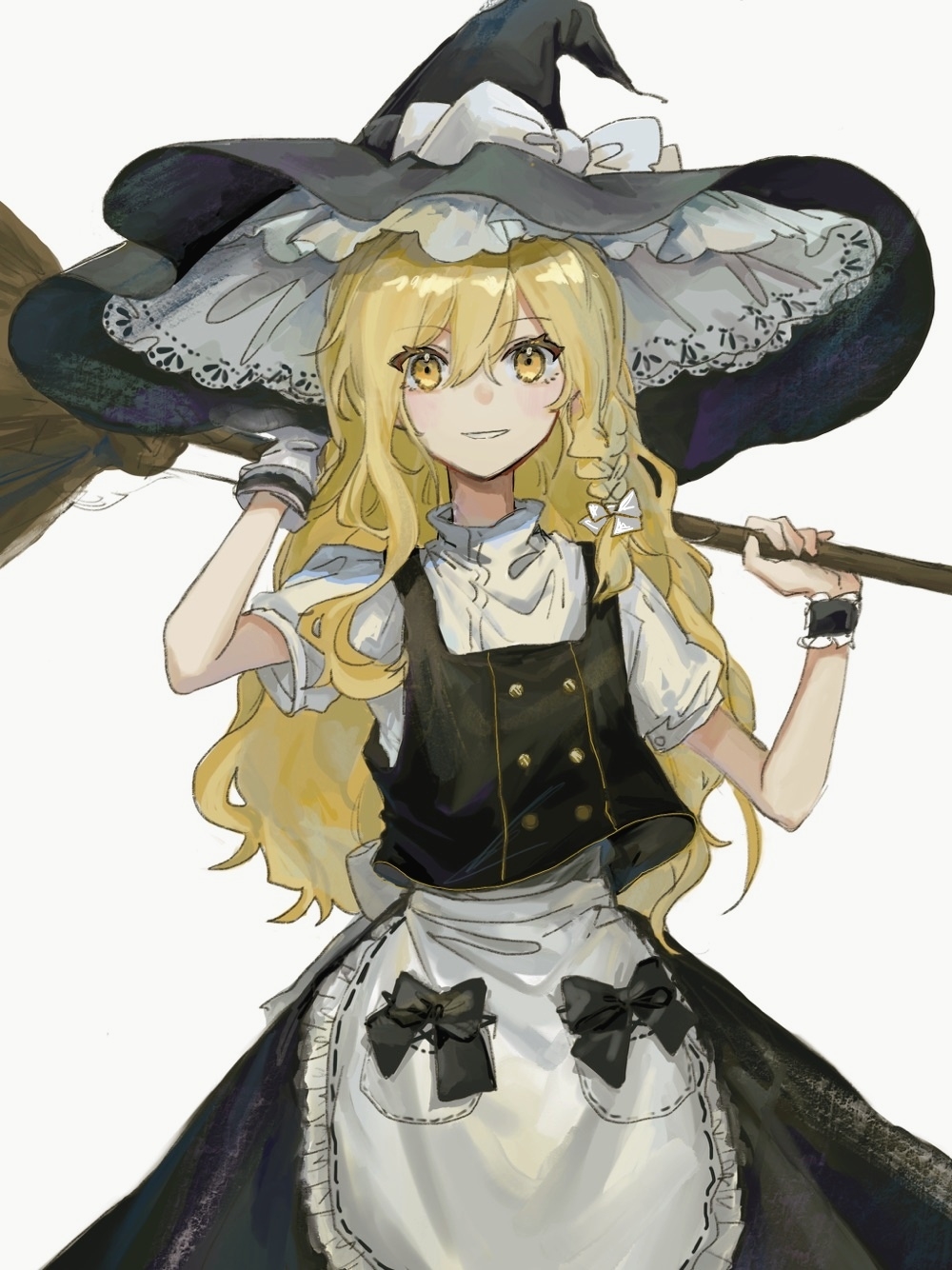 Safebooru - 1girl apron black bow black headwear black skirt black vest blonde hair blush bow ...