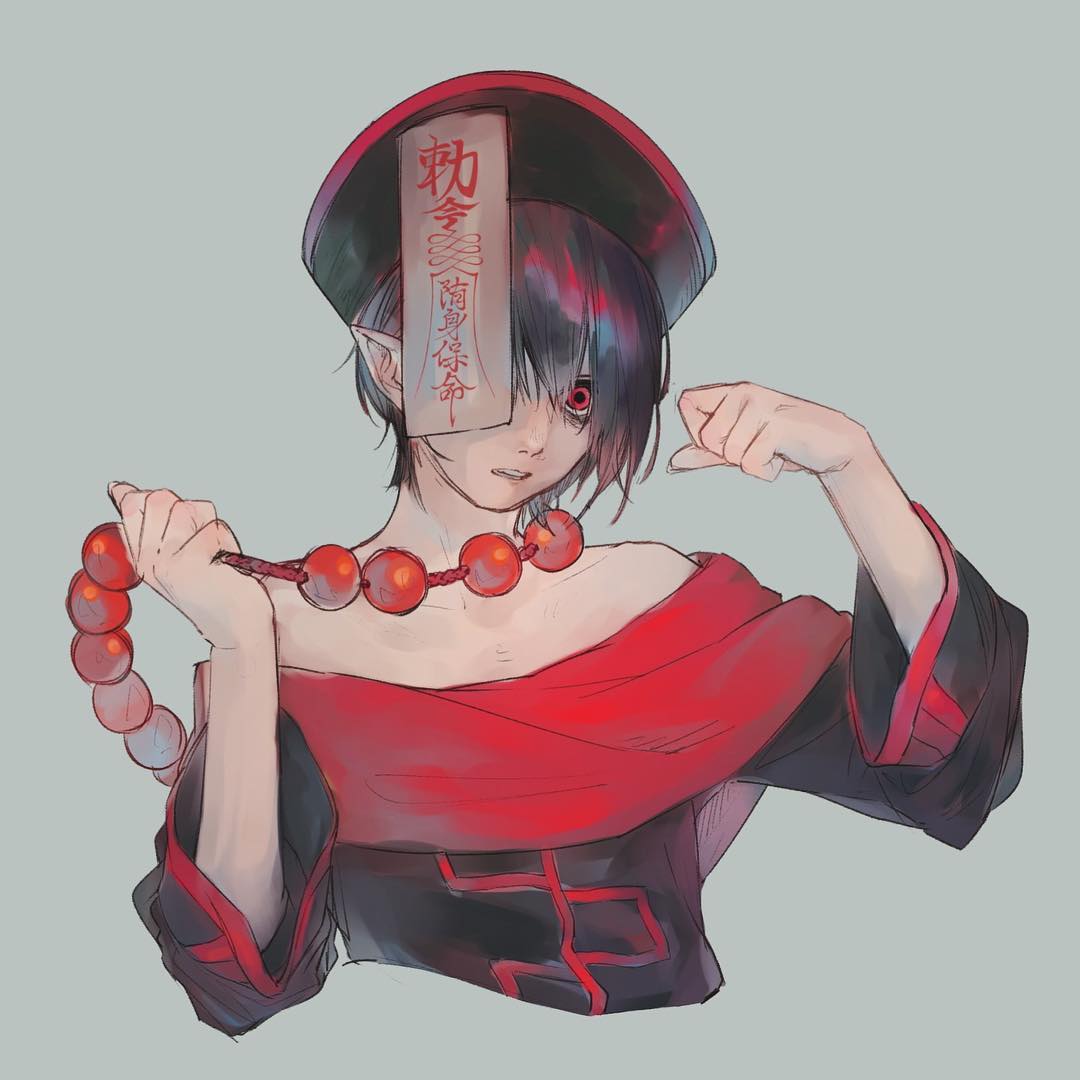 Safebooru - 1boy bare shoulders bead necklace beads black hair black headwear collarbone grey ...