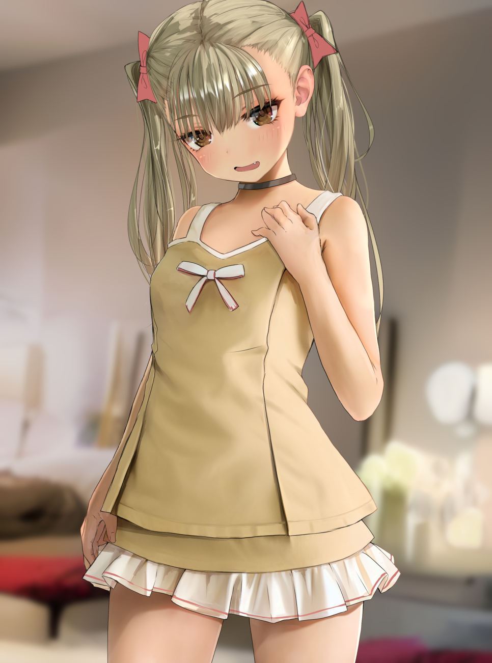 Safebooru - 1girl black choker blonde hair blurry blurry background bow brown eyes choker dress ...