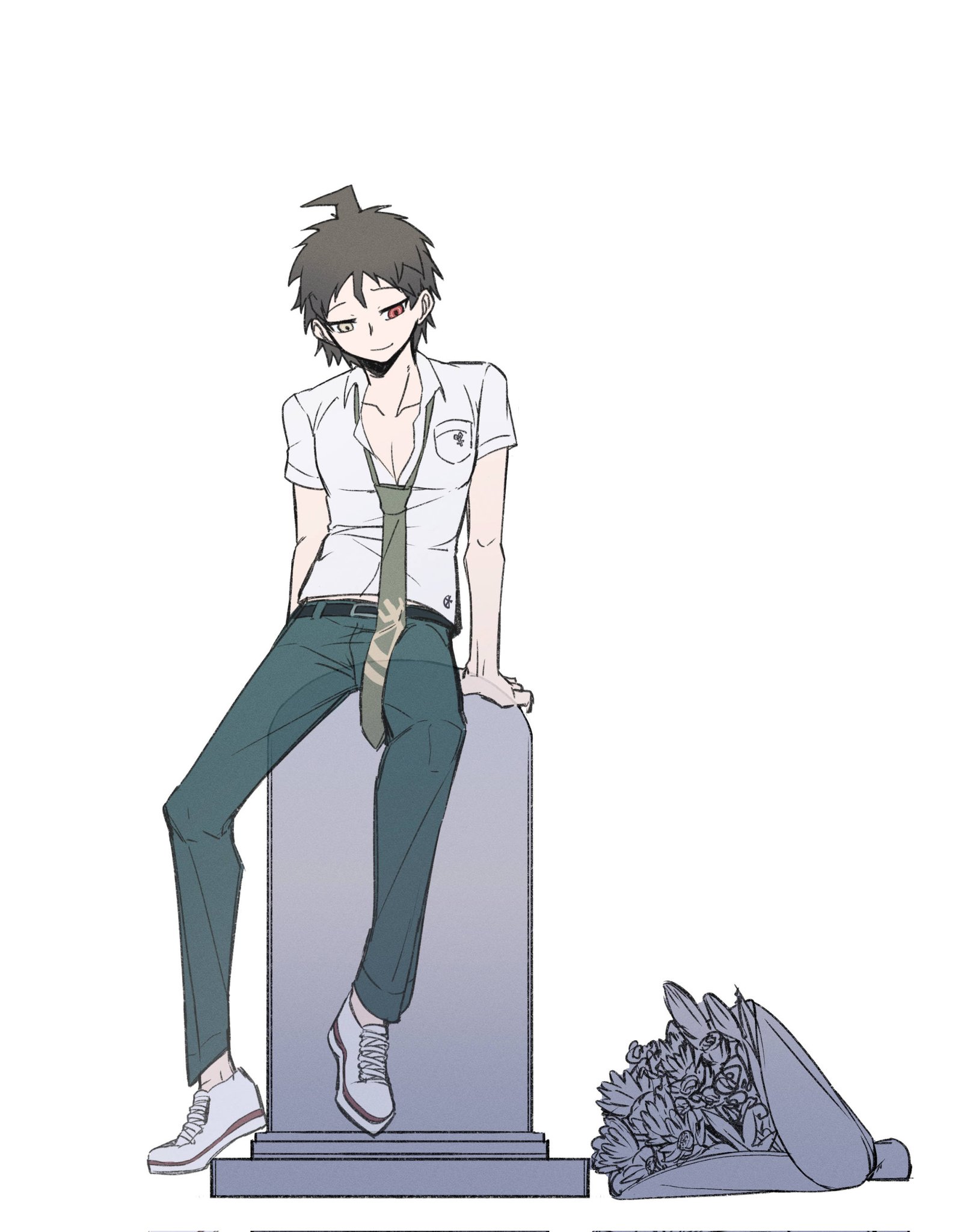 Safebooru - 1boy arm support bangs belt black belt black pants bouquet breast pocket brown eyes ...