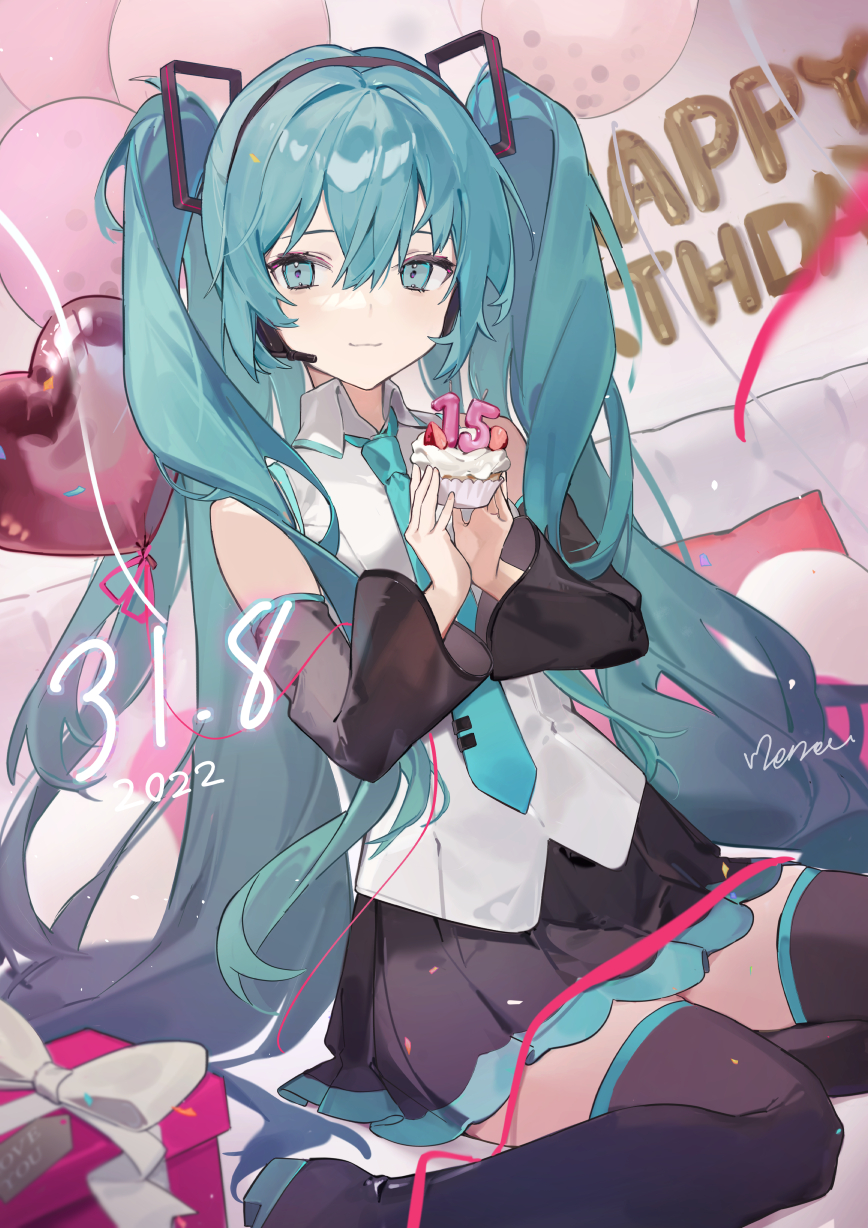 Safebooru - 1girl aqua eyes aqua hair aqua necktie black footwear black hairband black skirt ...