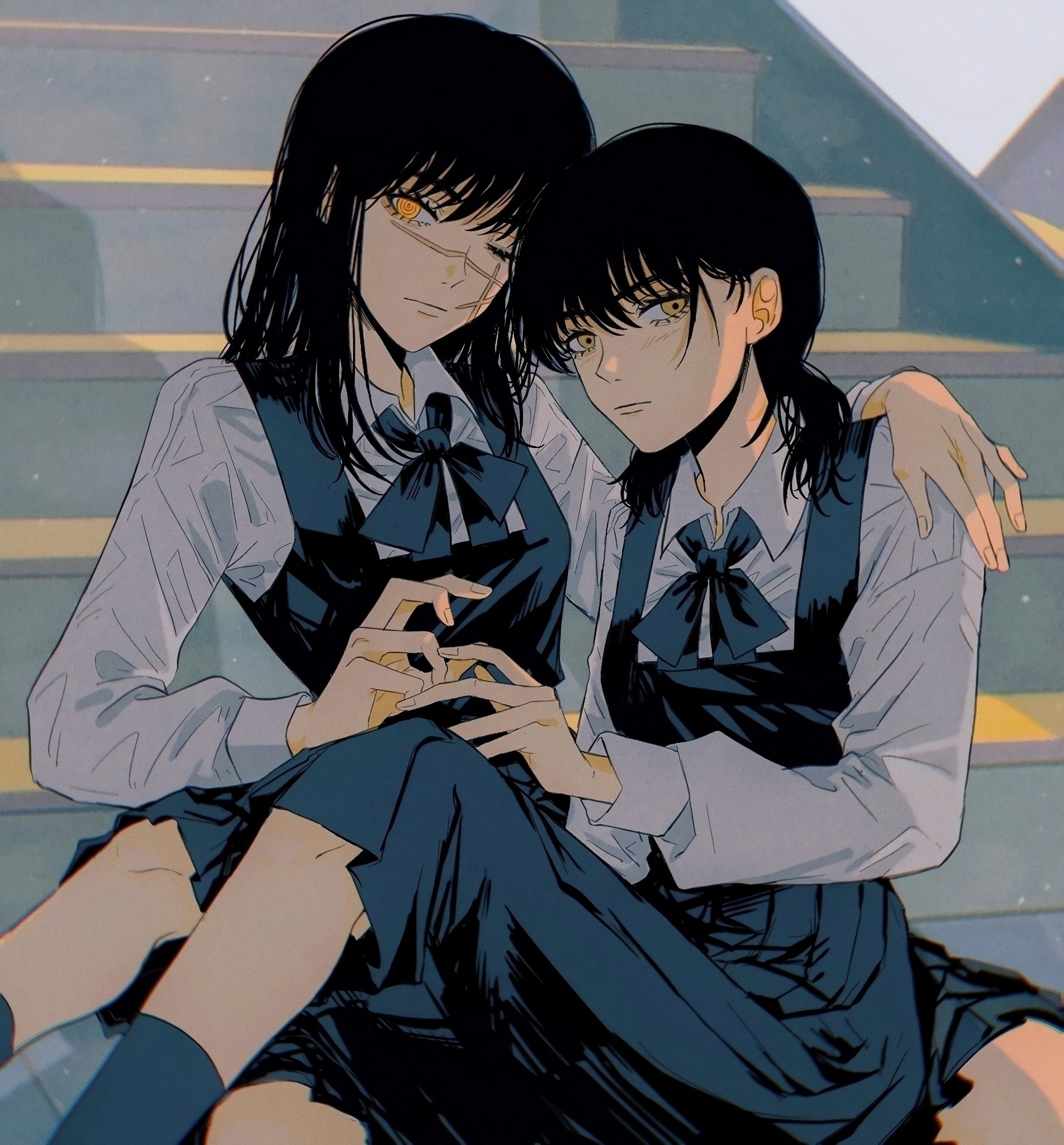 Safebooru - 2girls arm over shoulder black hair blue socks blush bow chainsaw man closed mouth ...