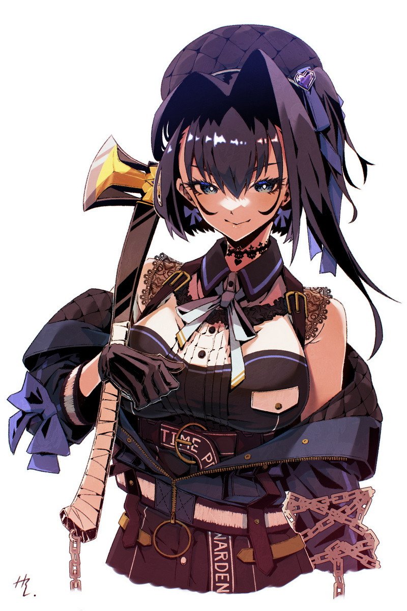 Safebooru - 1girl axe bare shoulders black gloves black hair black headwear blue bow blue eyes ...
