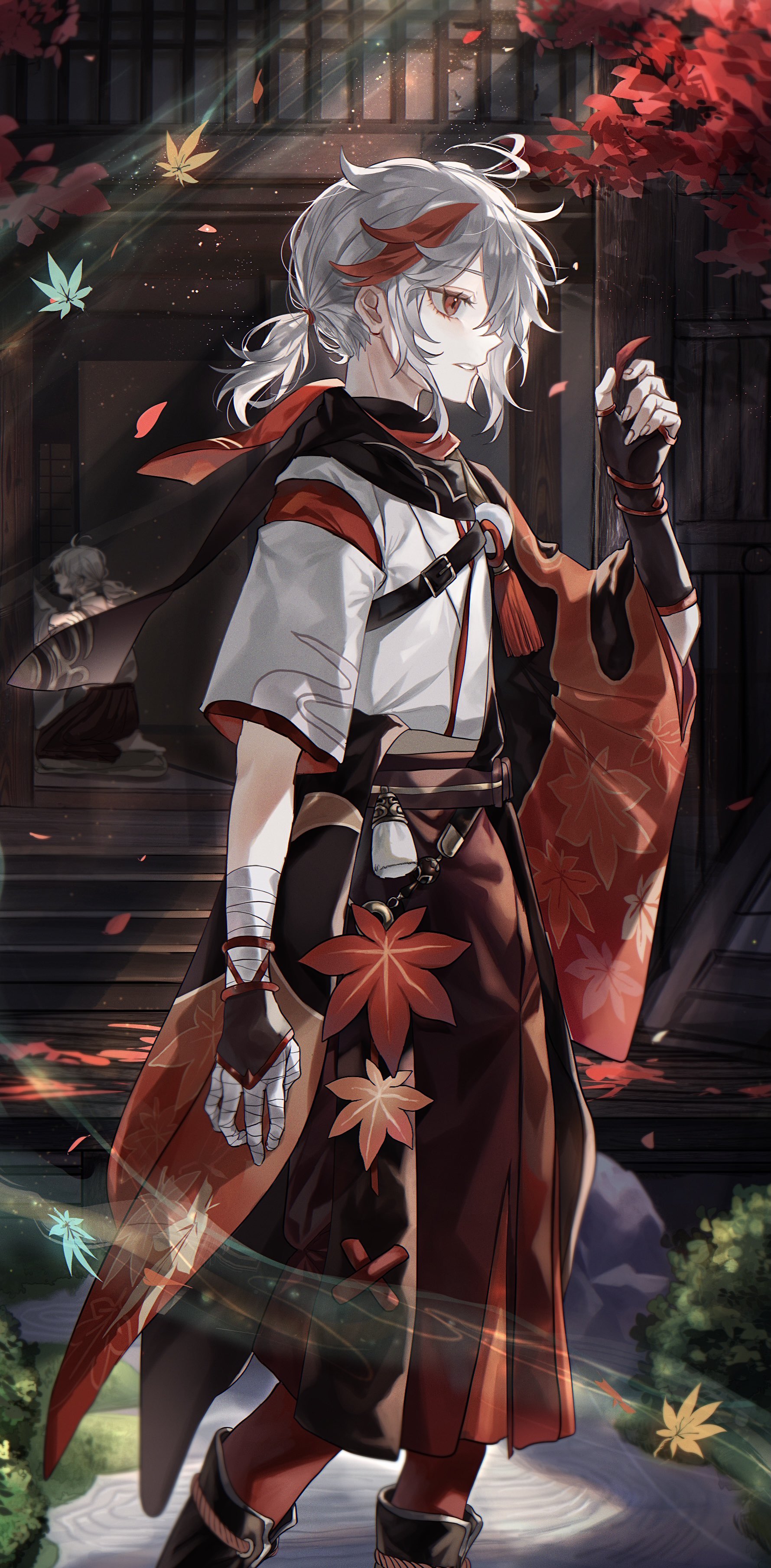 Safebooru - 1boy absurdres aged down antenna hair armor autumn leaves bandaged arm bandaged hand ...