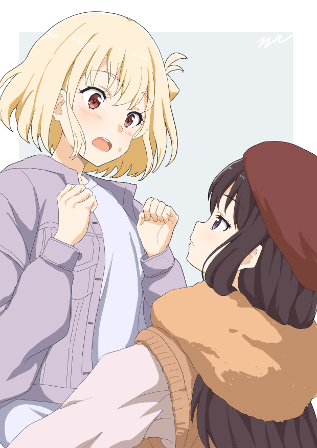Safebooru - 2girls aayh bangs beret black hair blonde hair blue shirt blush brown headwear brown ...