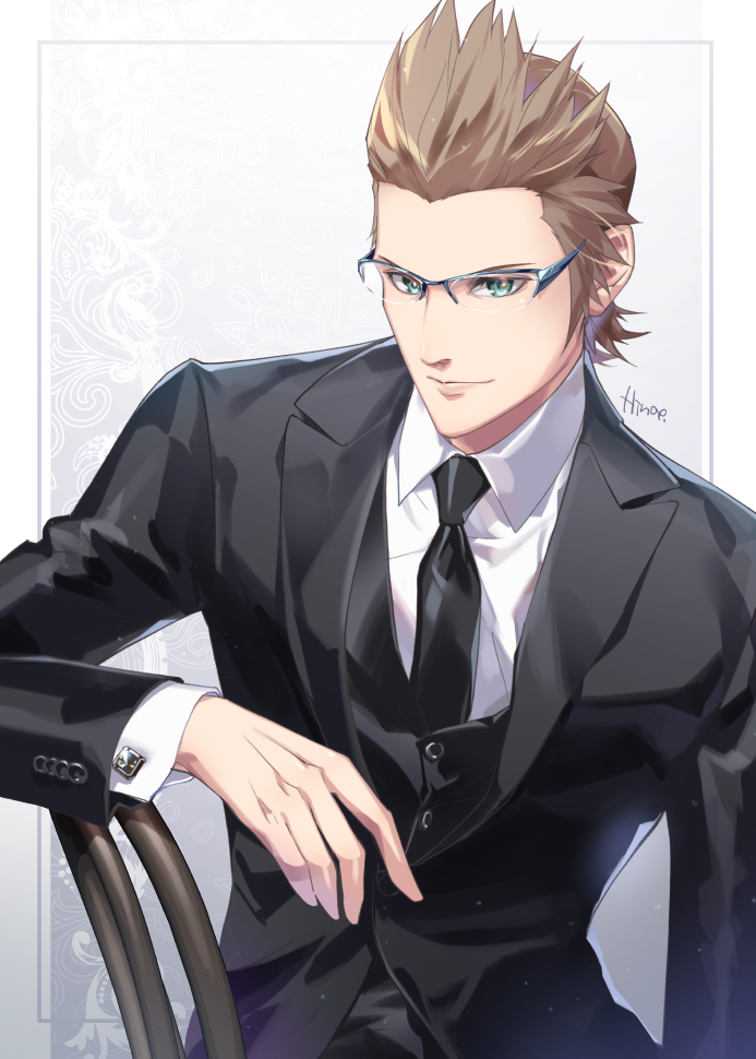 Safebooru - 1boy artist name black jacket black necktie black pants border brown hair chair ...