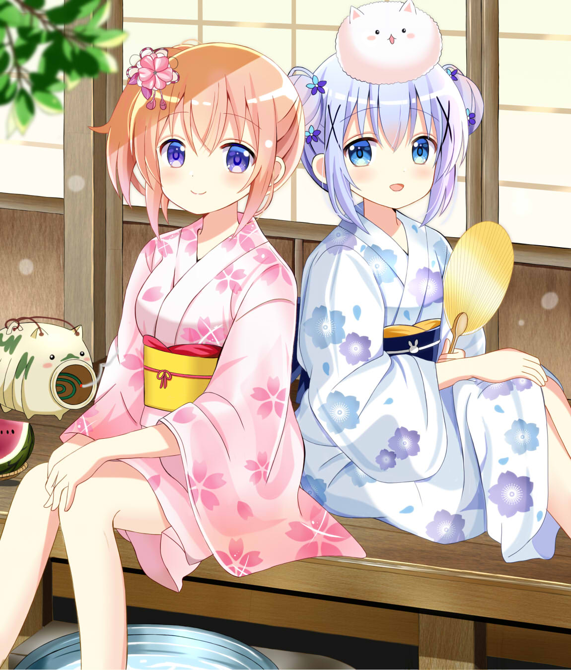Safebooru - 2girls animal on head basin blue eyes blue hair blue kimono ...