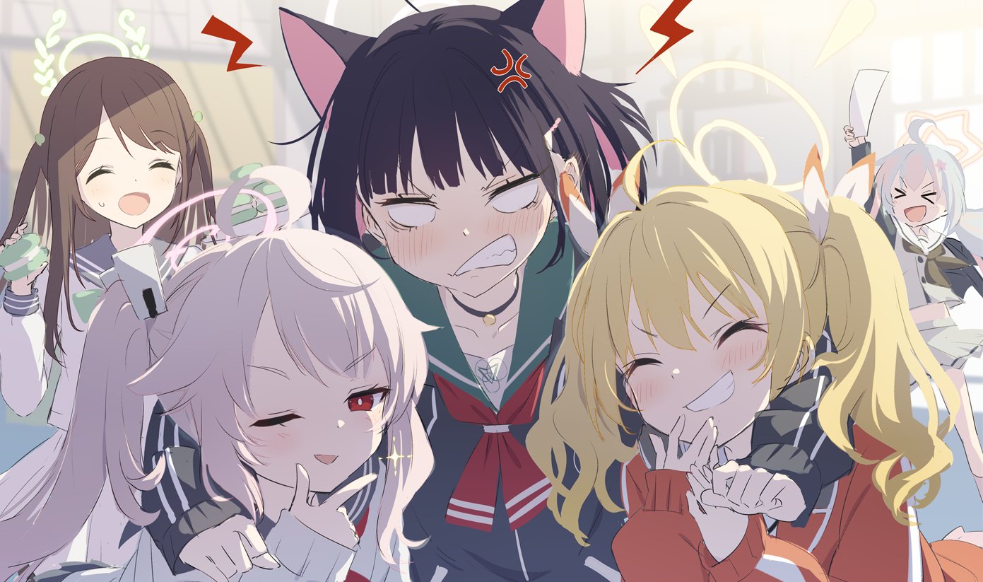 Safebooru - 5girls airi (blue archive) anger vein animal ears arm up black hair blue archive ...