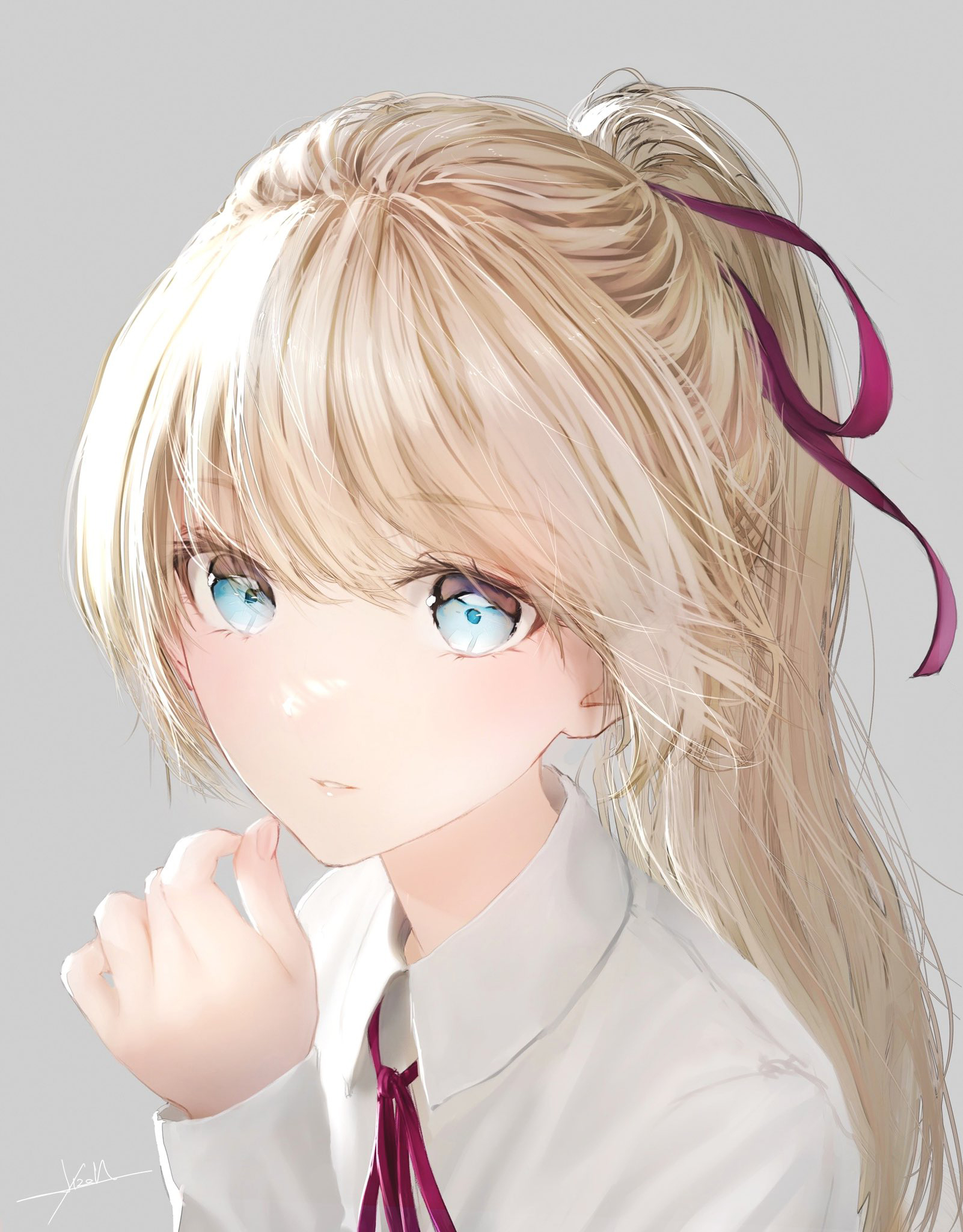 Safebooru - 1girl bangs blonde hair blue eyes blush collared shirt dress shirt grey background ...