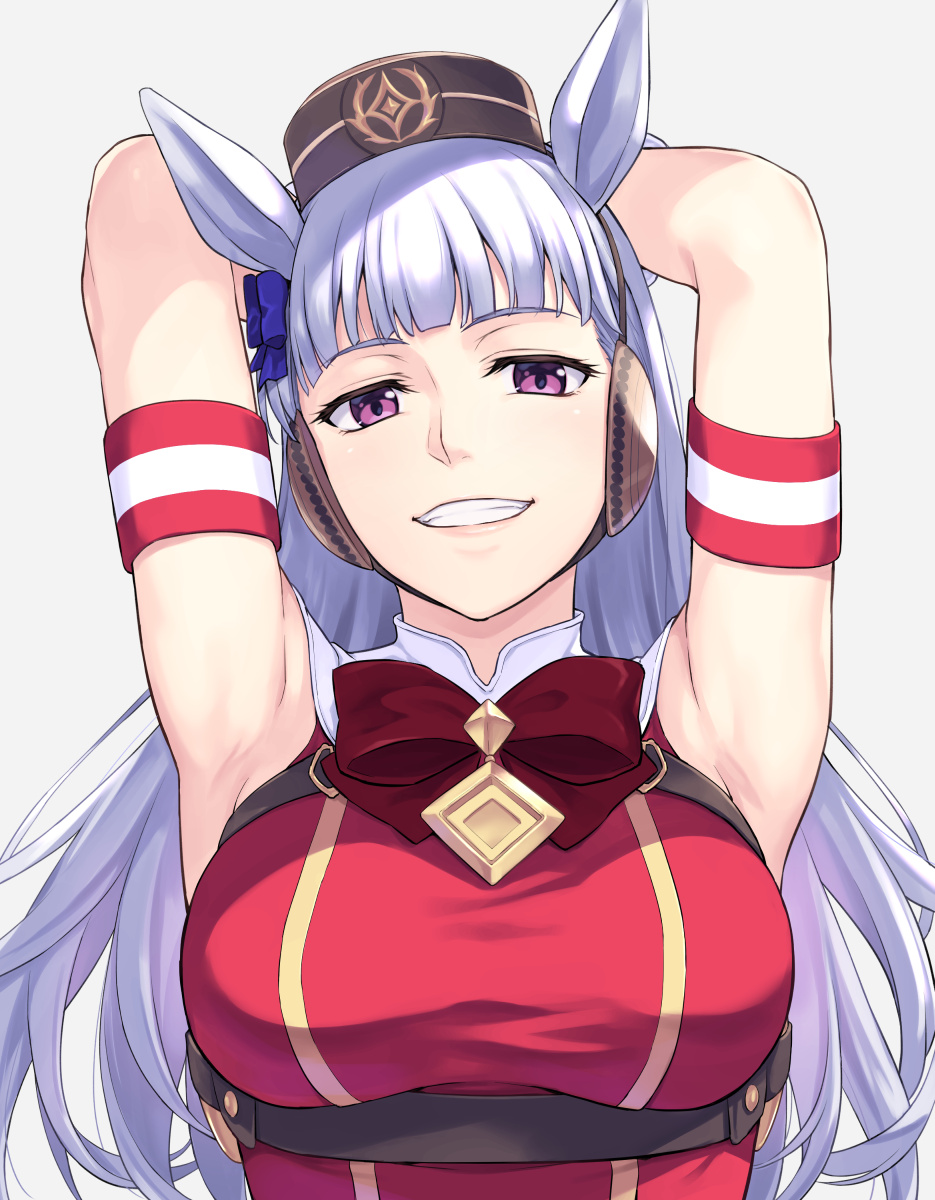 Safebooru - 1girl animal ears armpits arms up bangs belt breasts gold ship (umamusume) hat ...