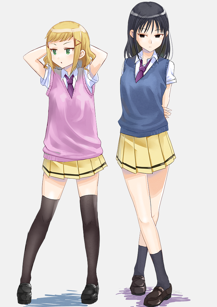 Safebooru - 2girls arms behind back arms behind head black footwear black hair black thighhighs ...