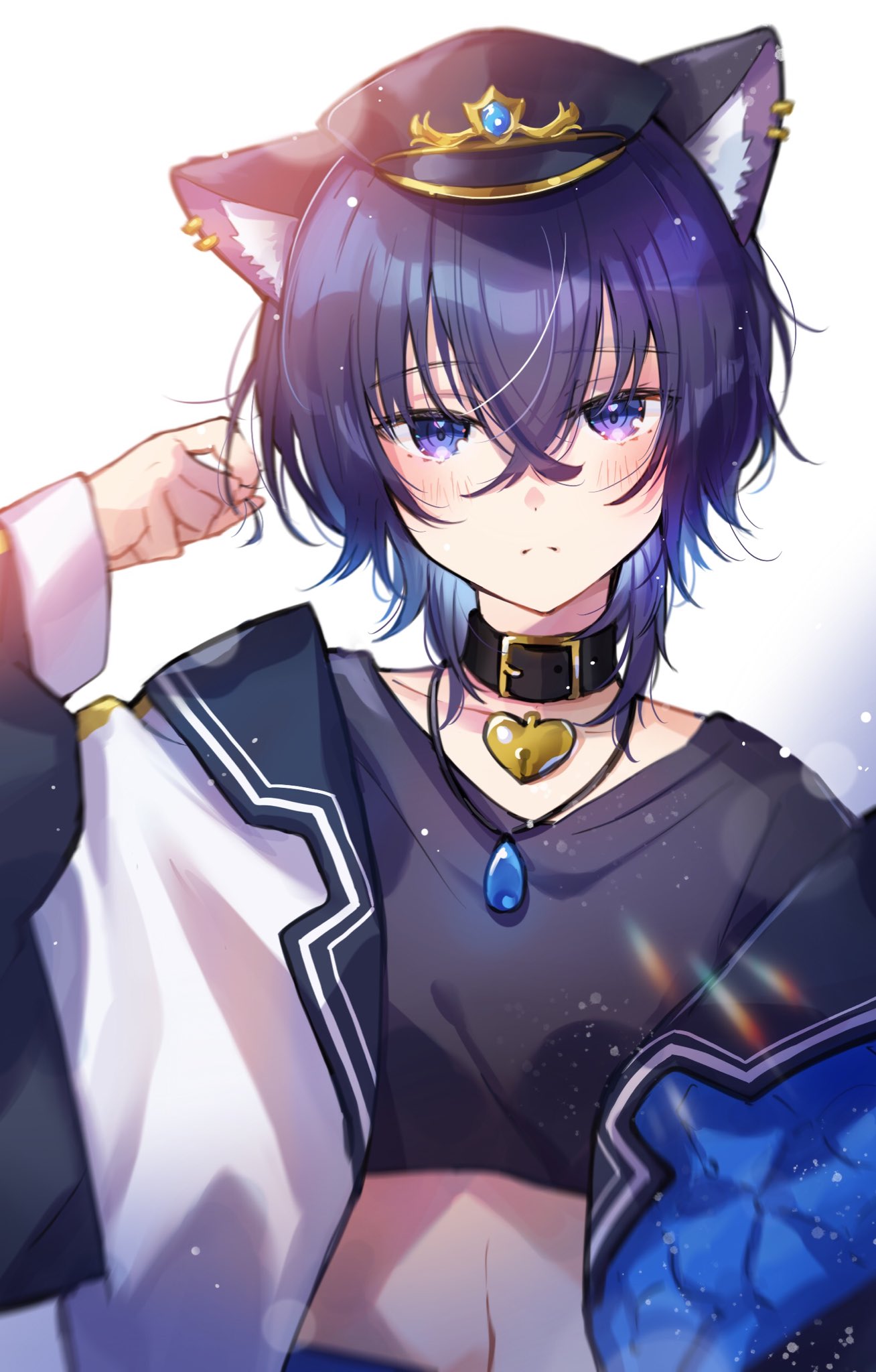 Safebooru - 1girl animal ears black shirt blue eyes blush cat ears cat girl cat tail choker ...
