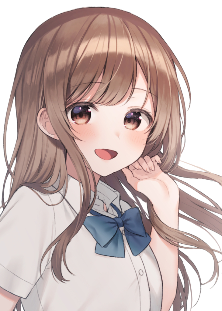 Safebooru - 1girl :d bangs blue bow blush bow brown eyes brown hair collared shirt commentary ...