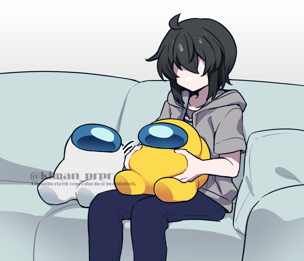 Safebooru - 3others ahoge ambiguous gender among us bangs belly grab ...