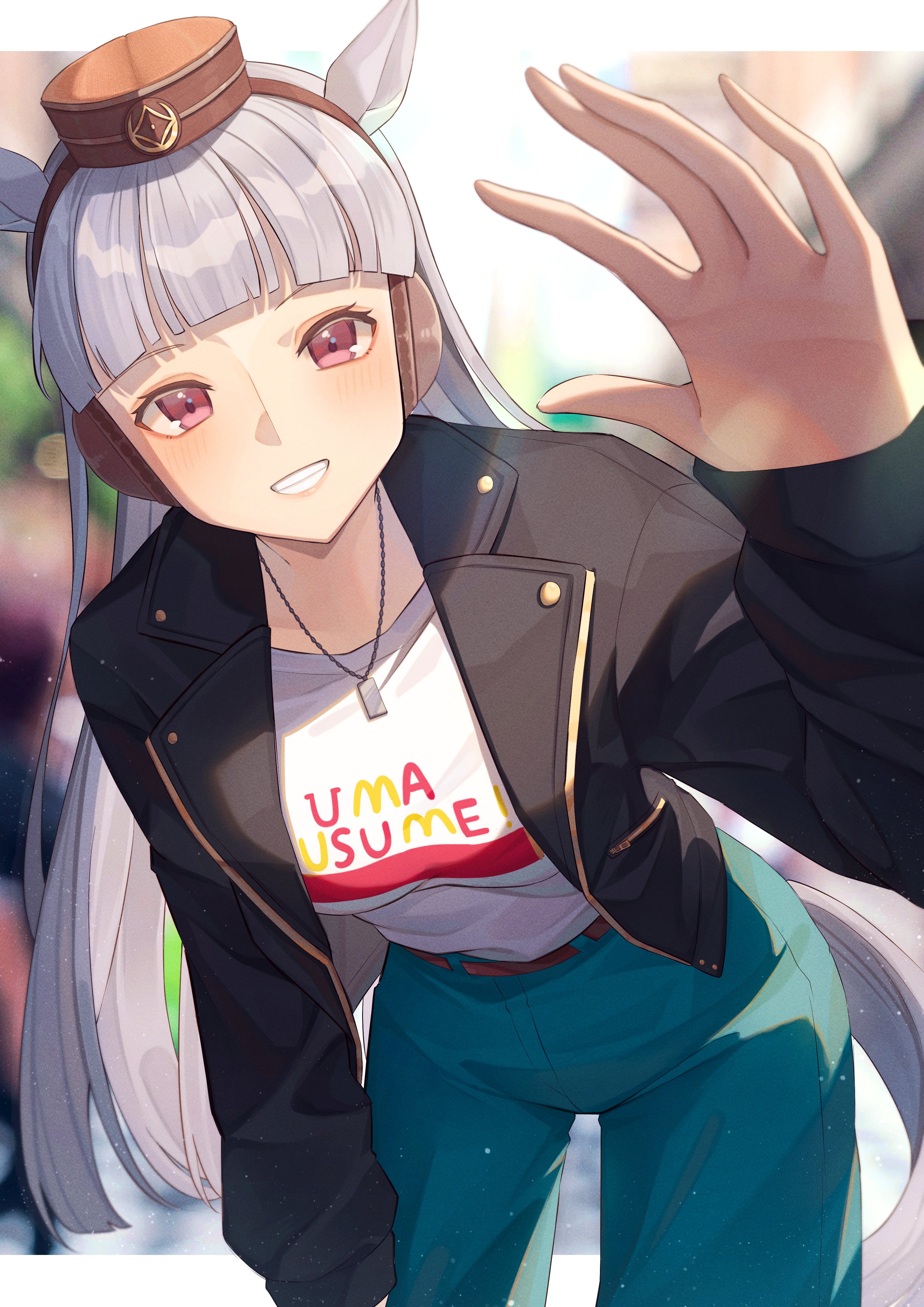 Safebooru - 1girl absurdres animal ears bangs belt black jacket blue pants blurry blurry ...