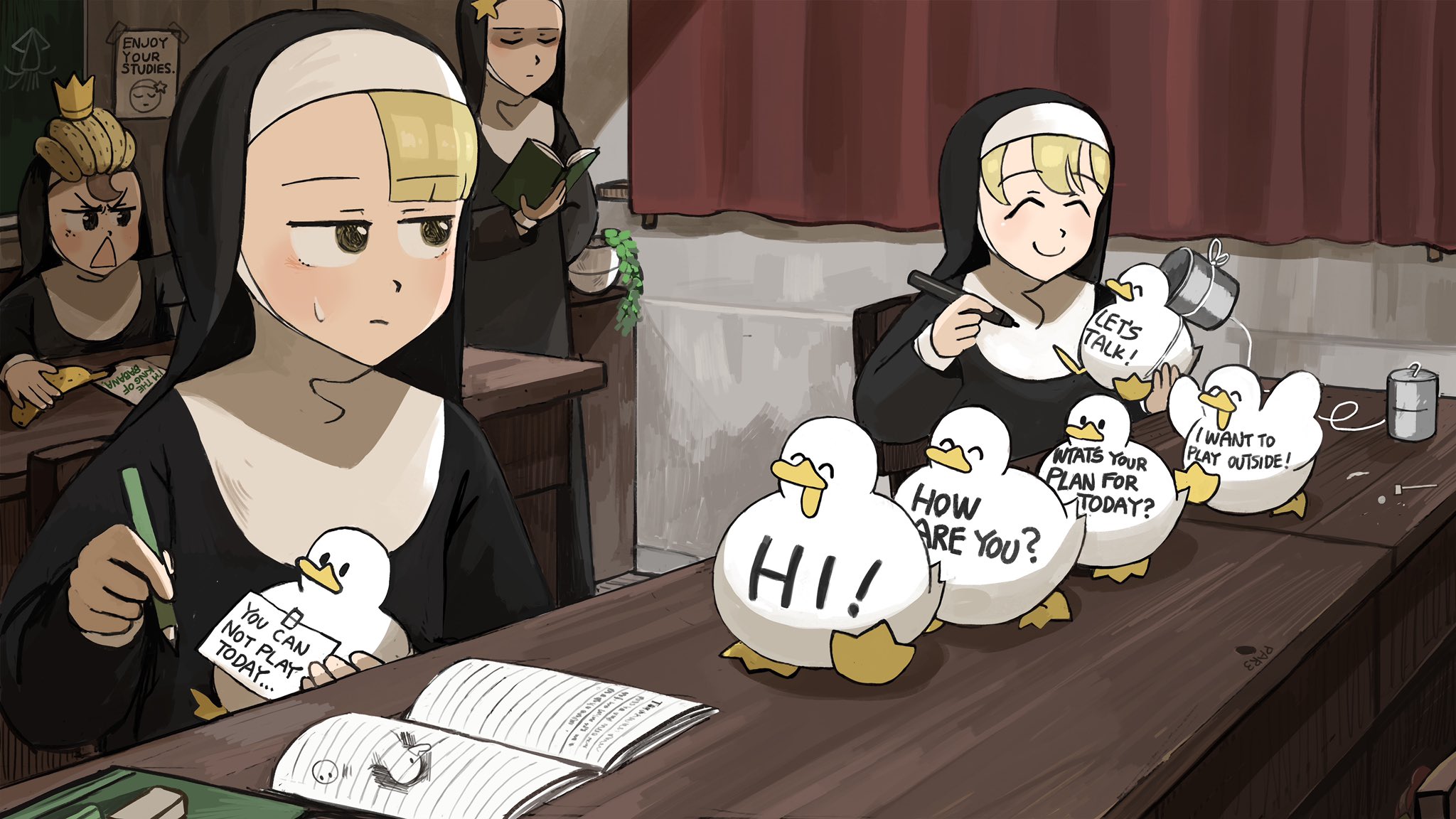 Safebooru - 4girls ^ ^ banana bird blonde hair body writing book brown eyes brown hair can ...