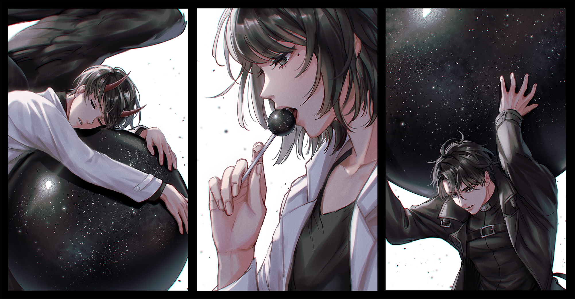 Safebooru 1girl 2boys Aura Draws Black Border Black Hair Black Theme 6569