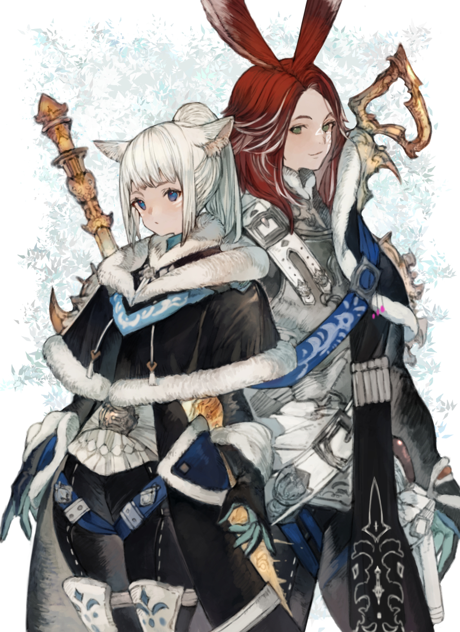 Safebooru - 1boy 1girl androgynous animal ear fluff animal ears armor arms at sides avatar (ff14 ...