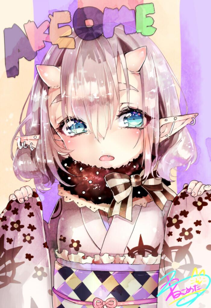 Safebooru - 1girl akeome blue eyes blush ear piercing earrings fang ...