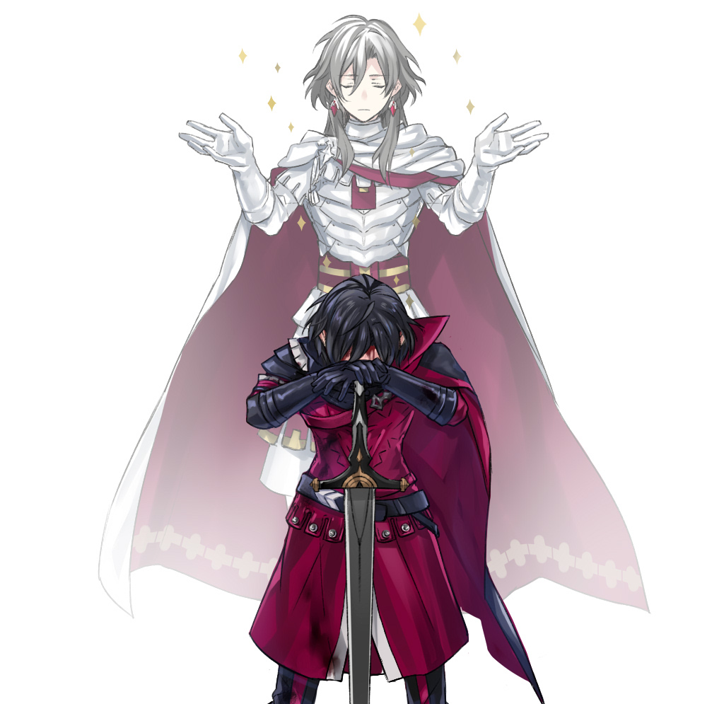 Safebooru - 2boys armor belt black belt black cape black gloves black hair black pants blood ...