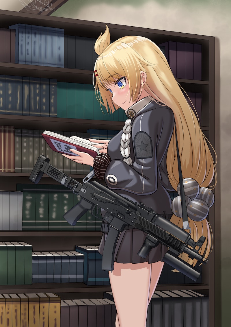 Safebooru - 1girl black jacket black skirt blonde hair blue eyes book bookshelf commentary ...