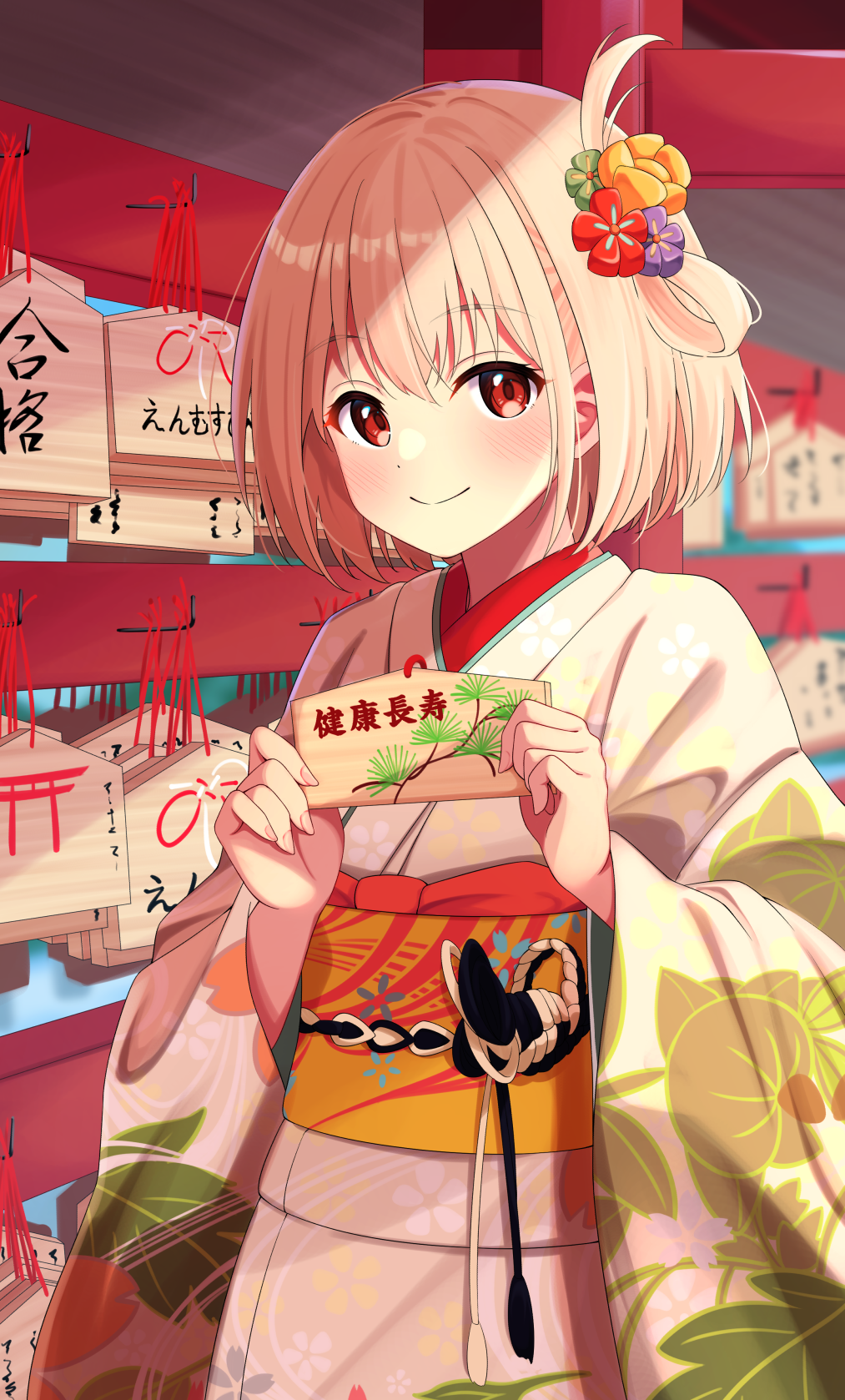 Safebooru - 1girl blonde hair blush closed mouth hair ornament highres holding japanese clothes ...