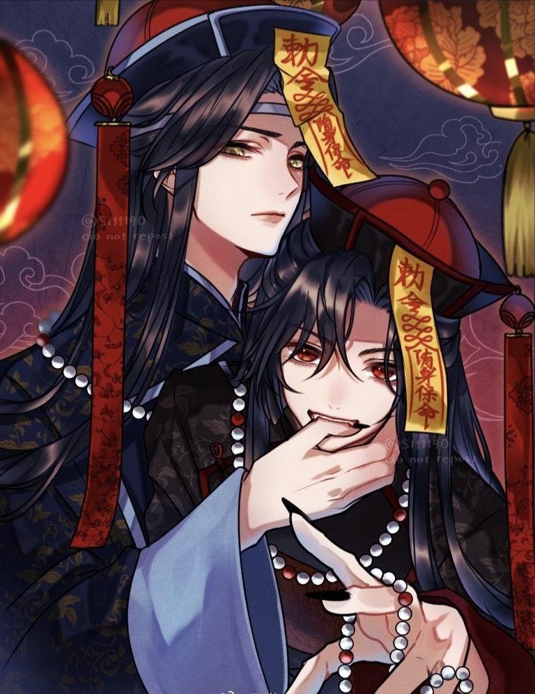 Safebooru - 2boys bead necklace beads black hair chinese clothes hat jewelry jiangshi lan wangji ...