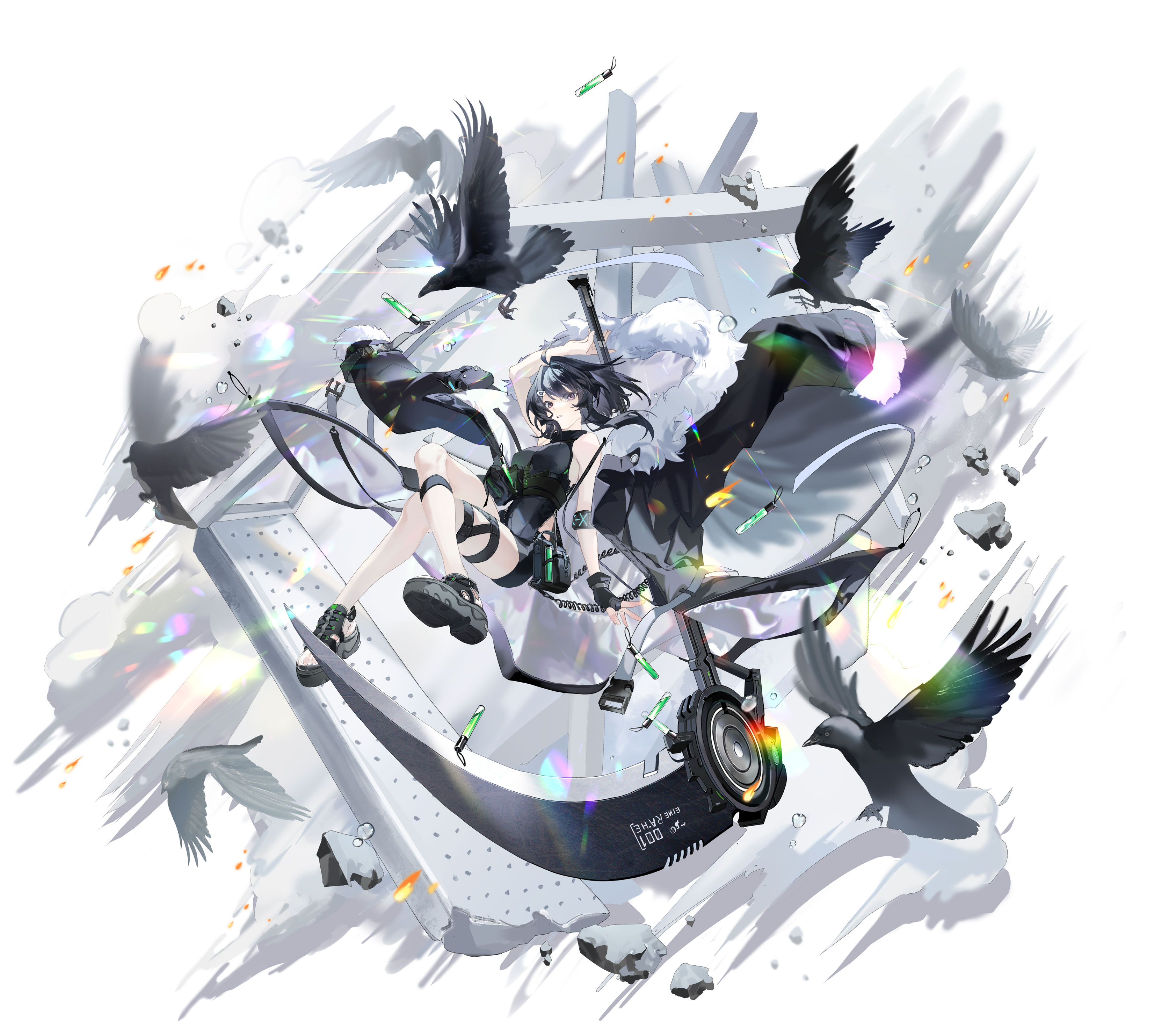 Safebooru - 1girl absurdres ahoge arknights arm up bag bird black bird black coat black hair ...