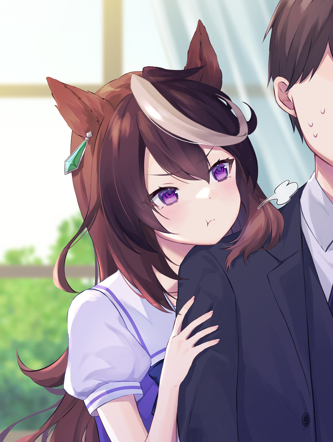 Safebooru - 1boy 1girl :t animal ears black jacket black vest blue shirt blurry blurry ...