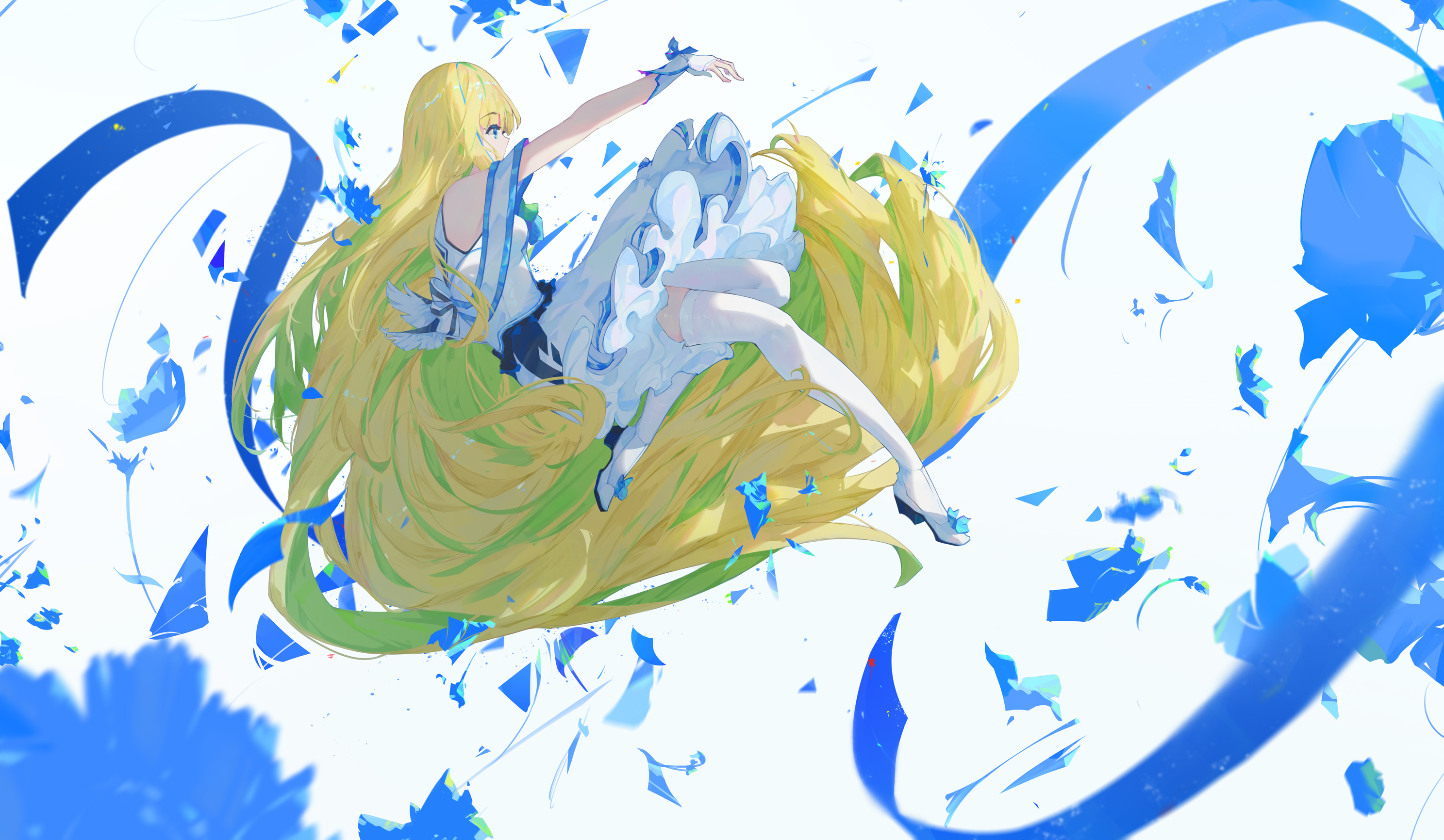 Safebooru - 1girl arm up bare shoulders black footwear blue eyes blue flower blue gloves blue ...