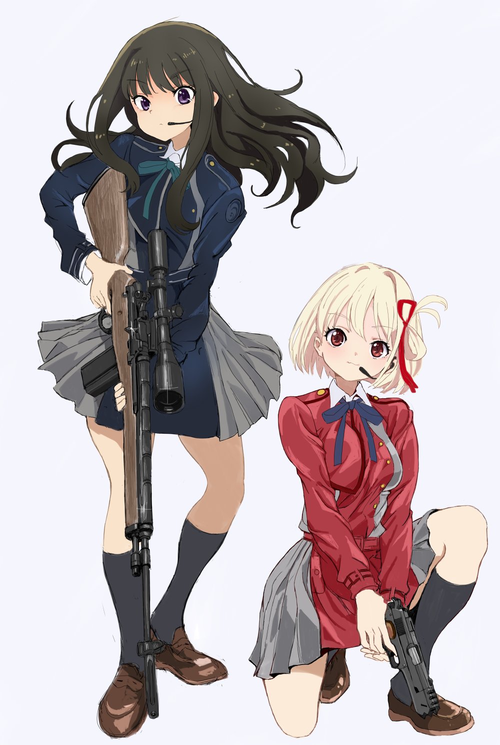 Safebooru - 2girls bangs black hair blonde hair blue dress bob cut commentary request dress grey ...