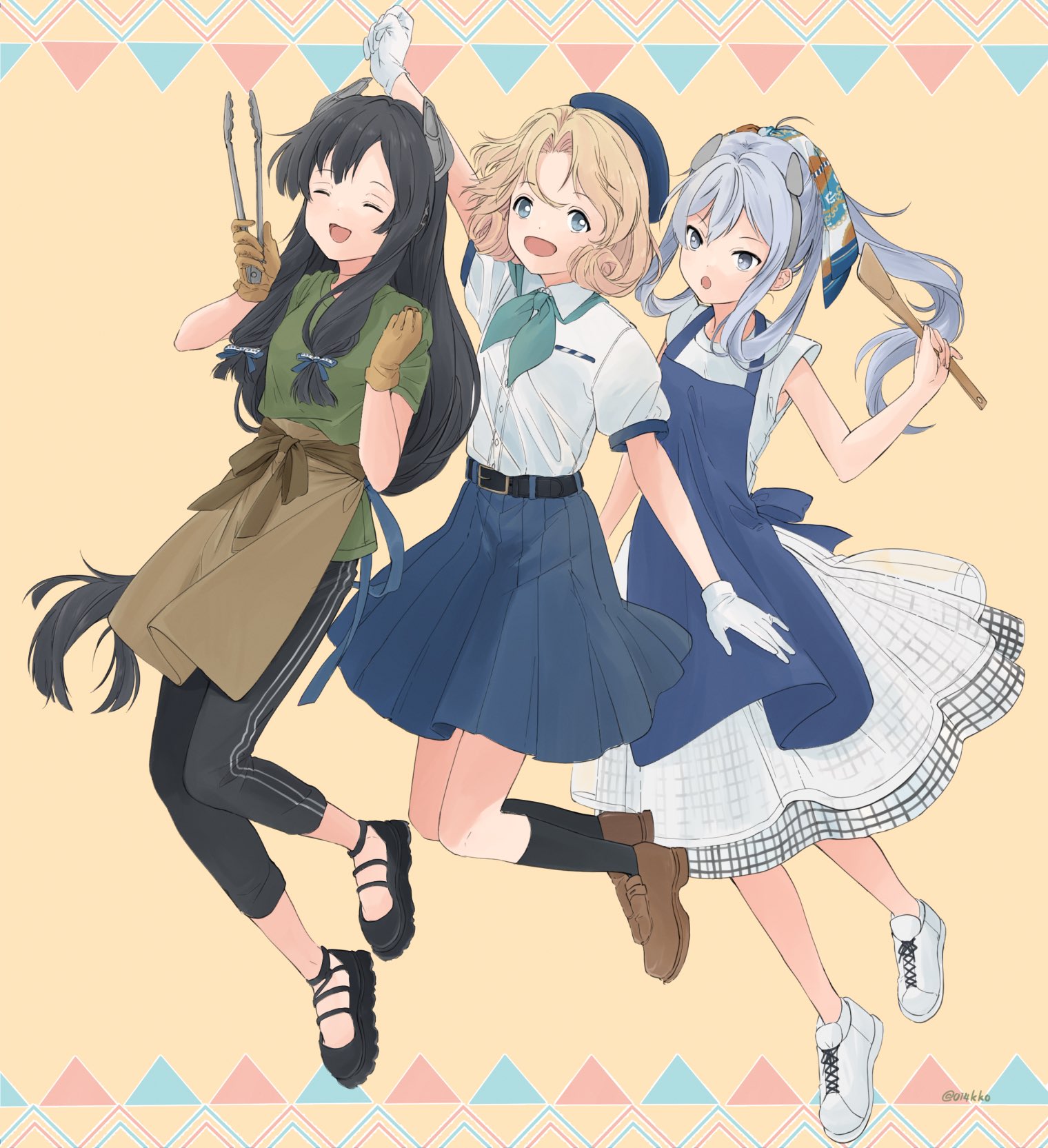 Safebooru - 3girls apron arms up bangs beret black footwear black hair black pants black socks ...