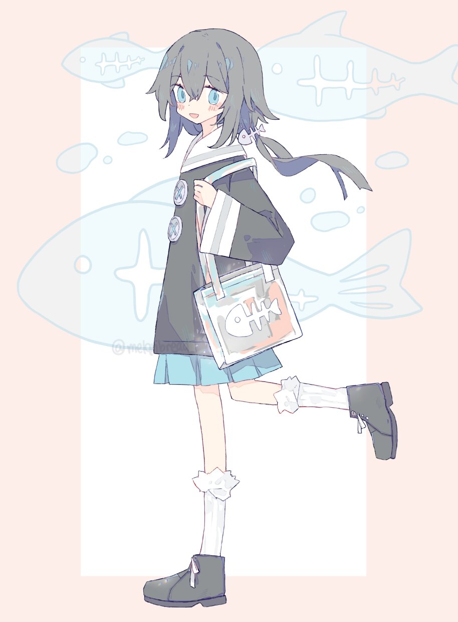 Safebooru - 1girl :d animal print artist name bag bangs black footwear black shirt blue eyes ...