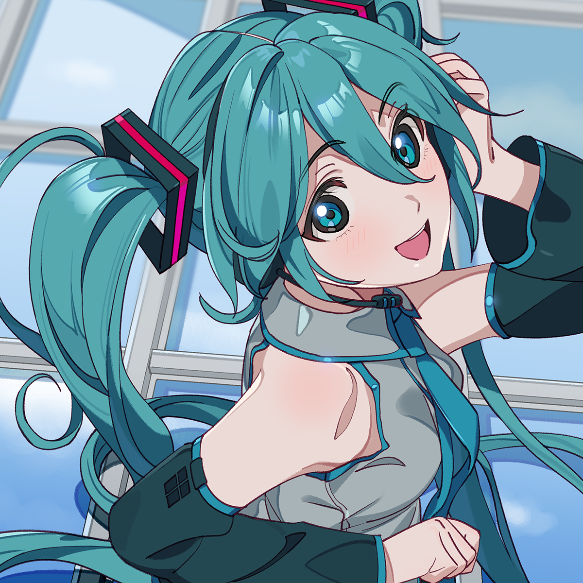 Safebooru - 1girl :d aqua hair arm at side bare shoulders black sleeves blue eyes blue necktie ...
