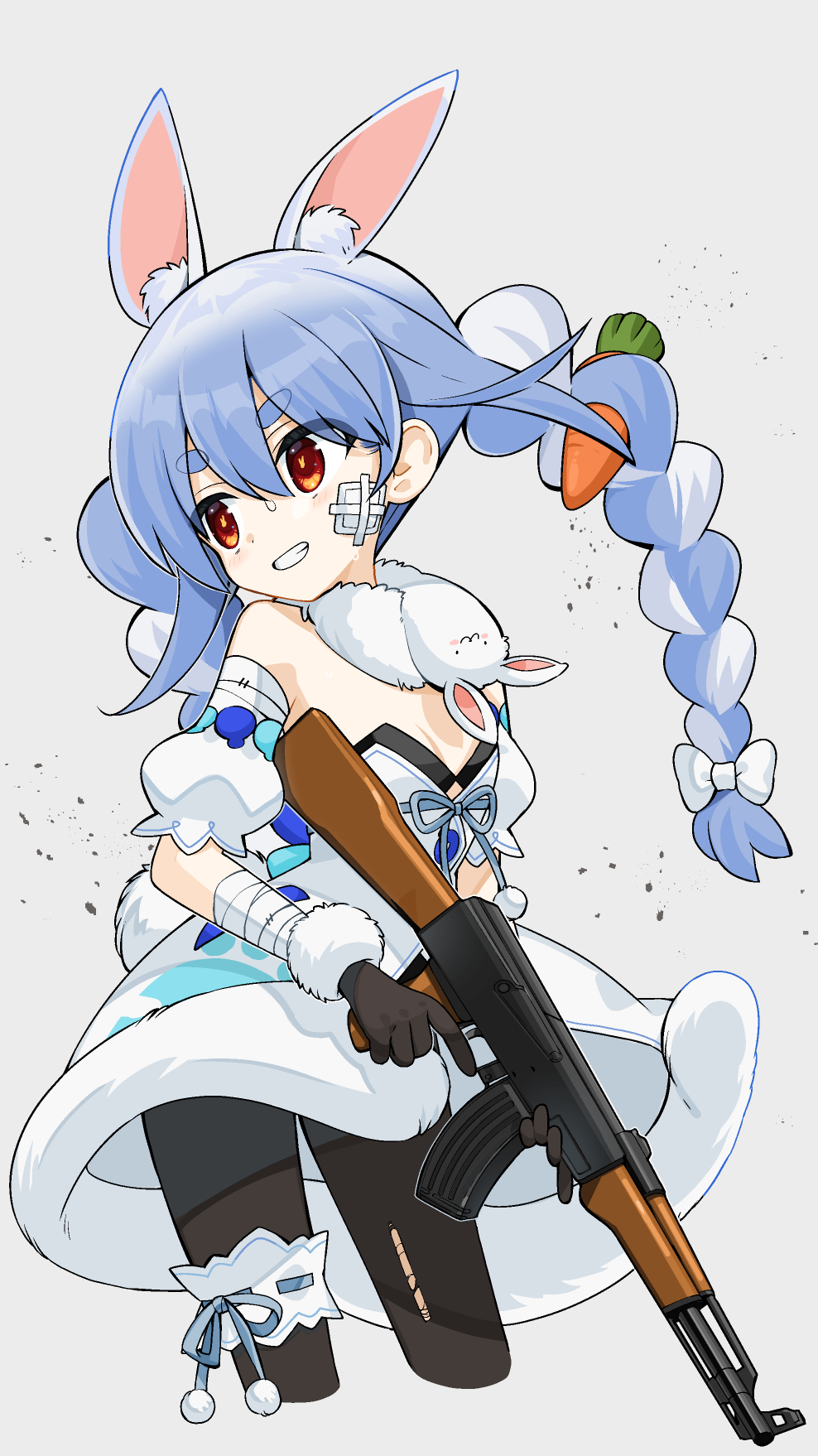 Safebooru - 1girl ak-47 animal ear fluff animal ears assault rifle bandaid bangs bare shoulders ...