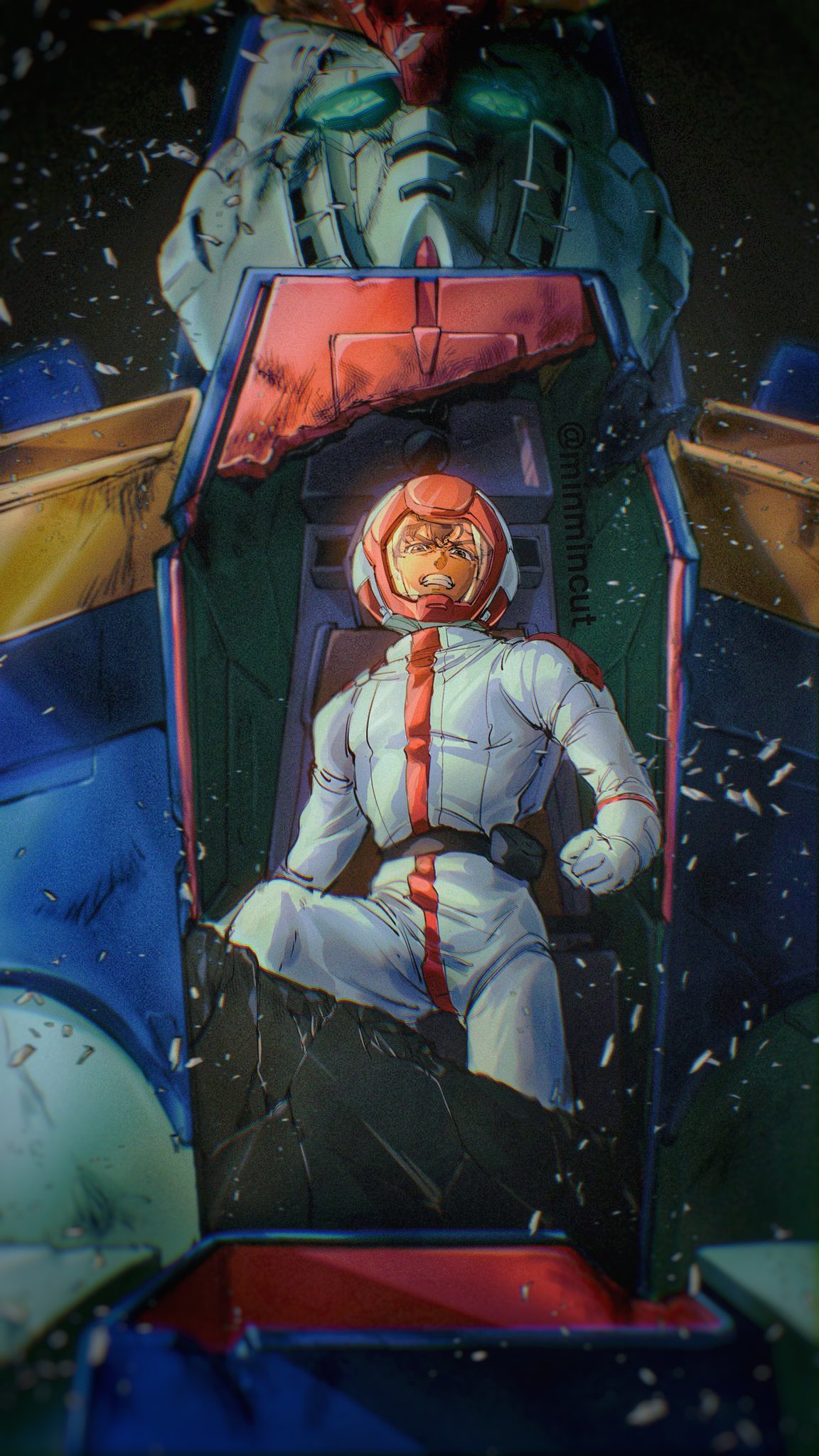 Safebooru - 1boy brown hair chanmura clenched hand cockpit damaged ...