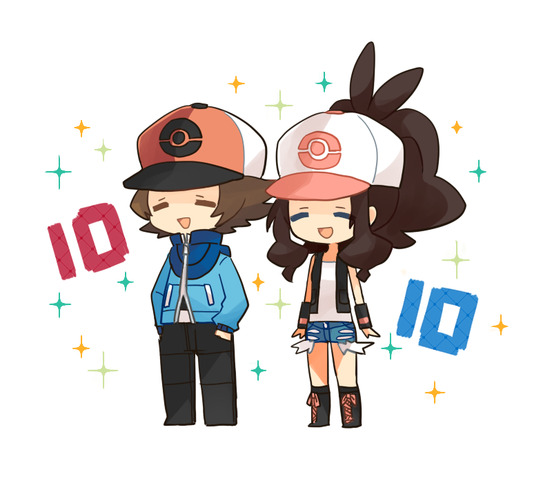 Safebooru - 1boy 1girl :d baseball cap belt buckle black pants black vest blackspade blue jacket ...