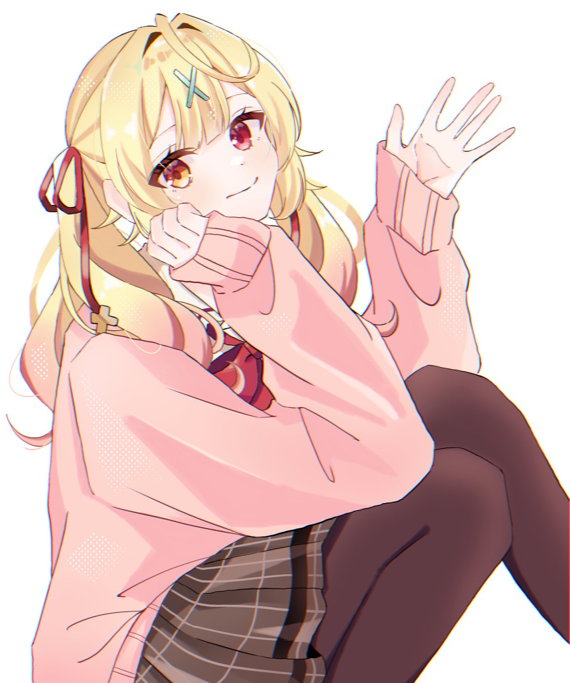 Safebooru - 1girl bangs blonde hair blunt bangs cardigan closed mouth hair ornament hair ribbon ...