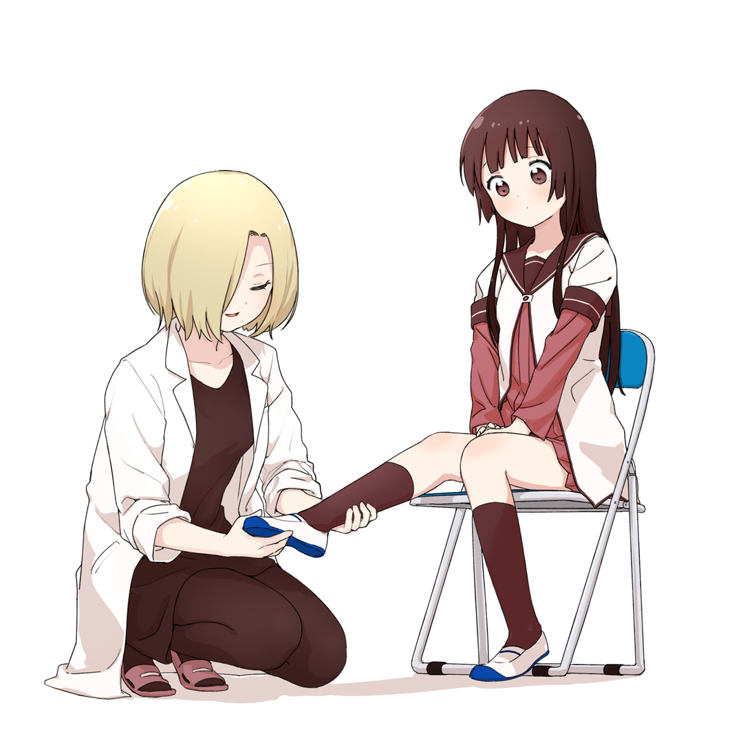 Safebooru - 2girls 9so (ponchon) black hair black pantyhose black socks blonde hair blush chair ...