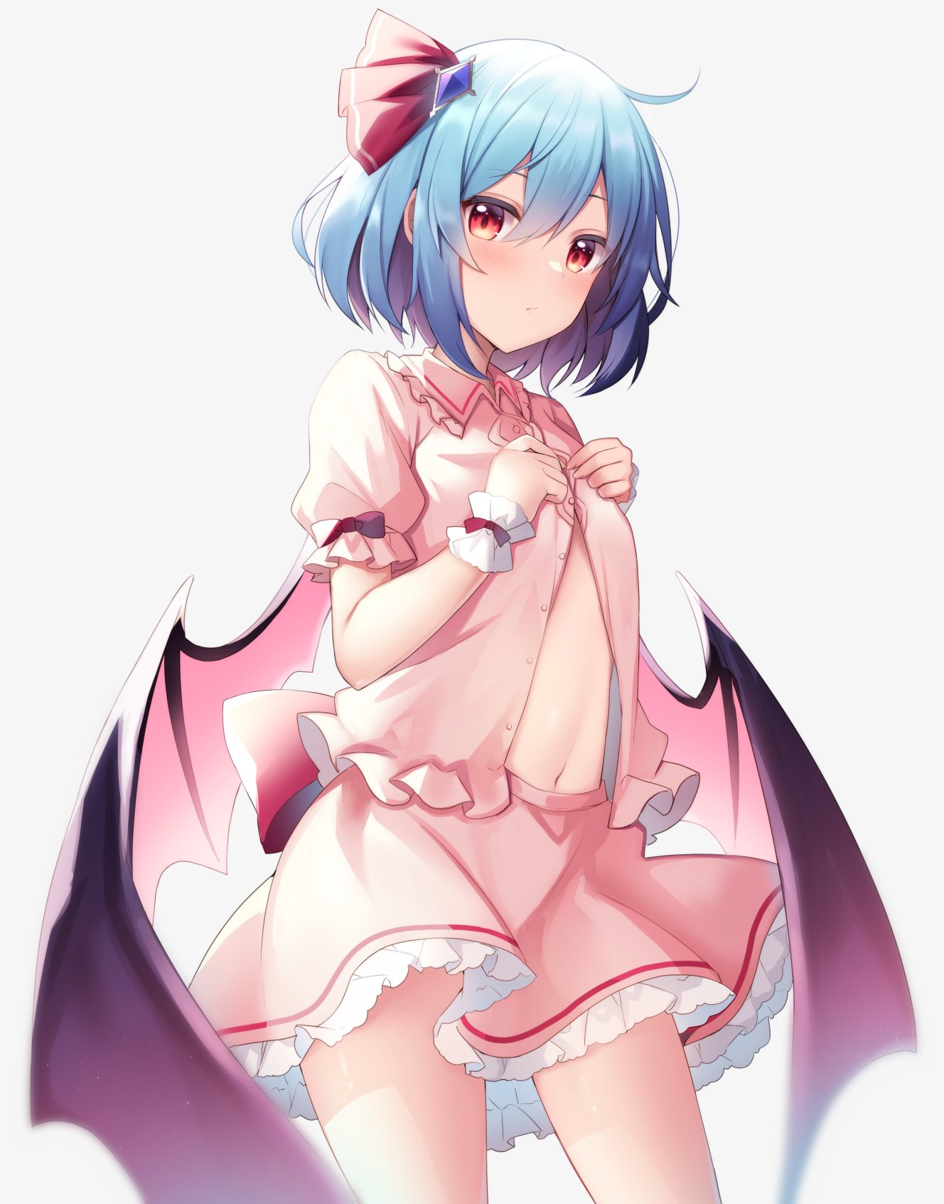 Safebooru - 1girl ahoge back bow bangs bat wings blue hair blurry blush bow buttons collared ...