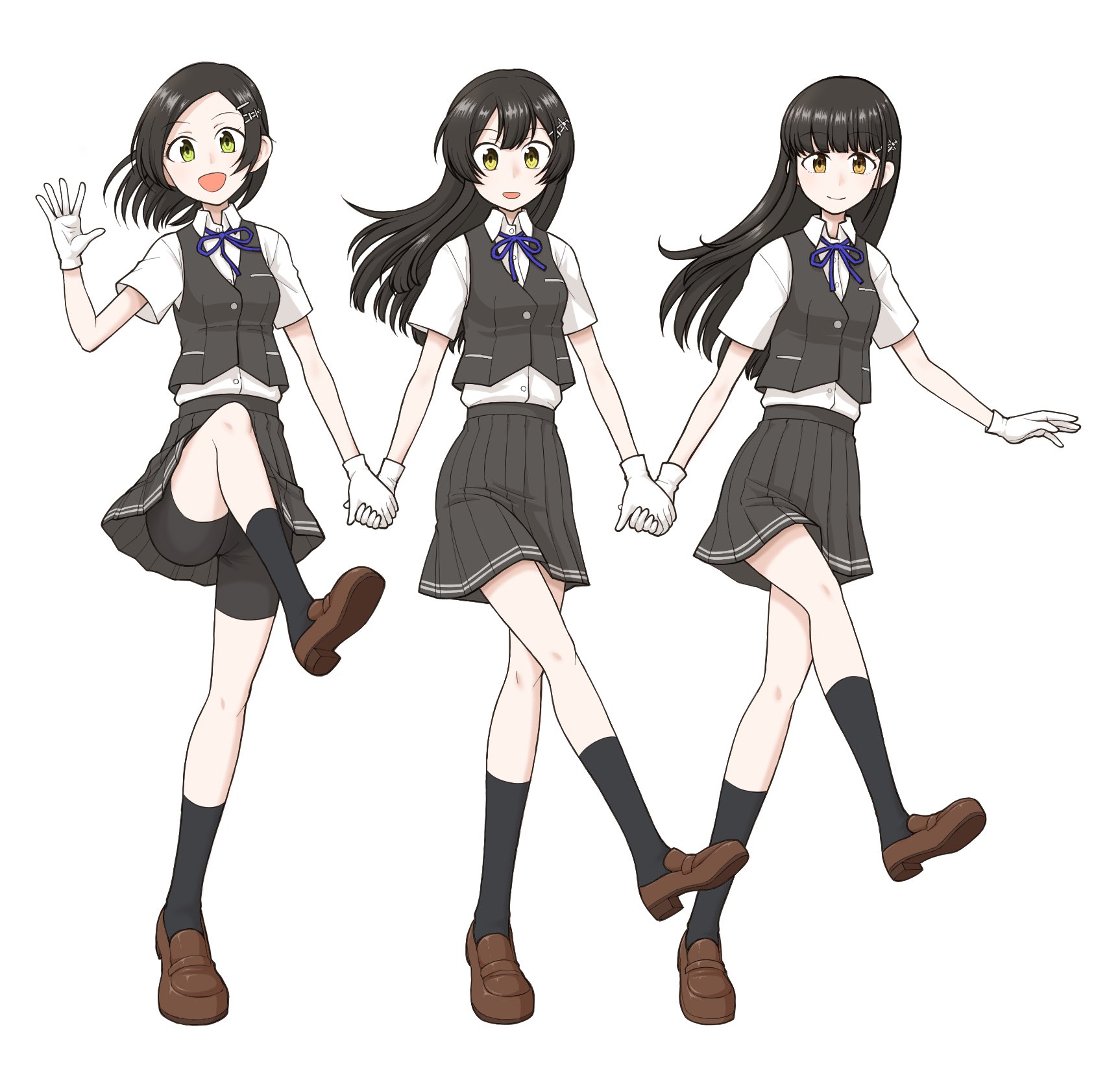 Safebooru - 3girls bike shorts black hair black ribbon black shorts black skirt black socks ...