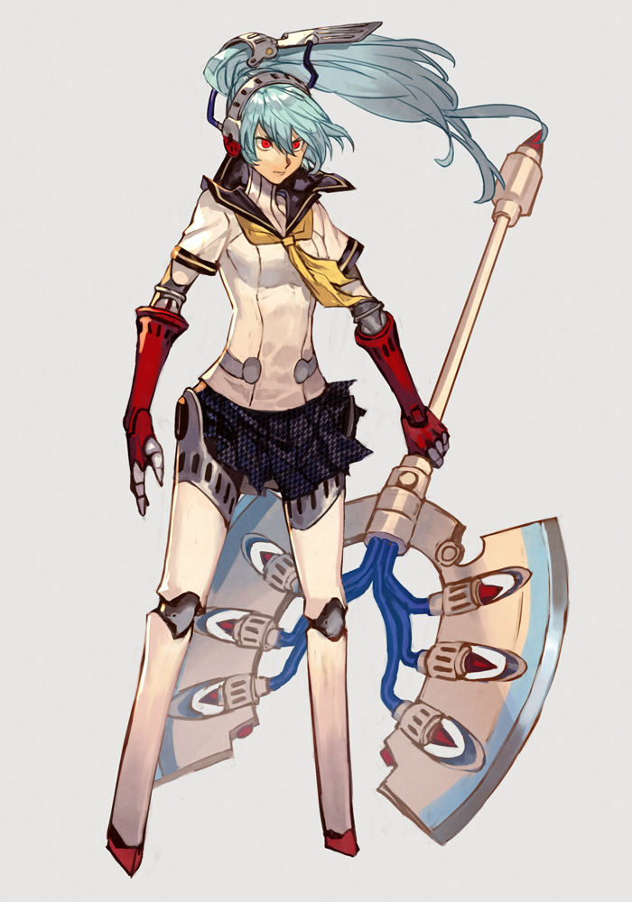 Safebooru - 1girl android axe black sailor collar black skirt blue hair ...