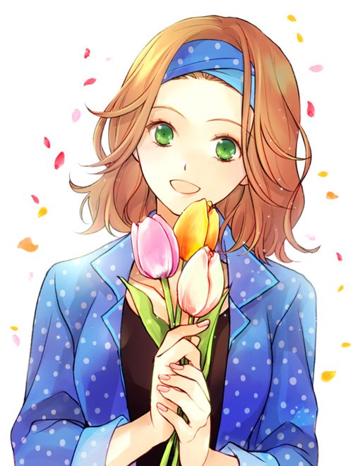 Safebooru - 1girl bangs black shirt blue hairband blue jacket breasts brown hair falling petals ...