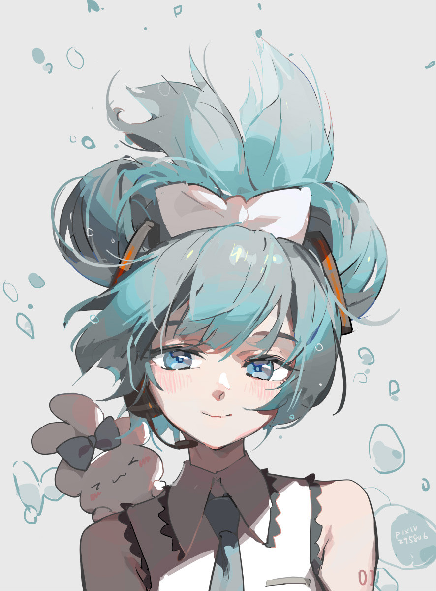 Safebooru - 1girl aqua eyes aqua hair aqua necktie bare shoulders blush bow bow-shaped hair ...