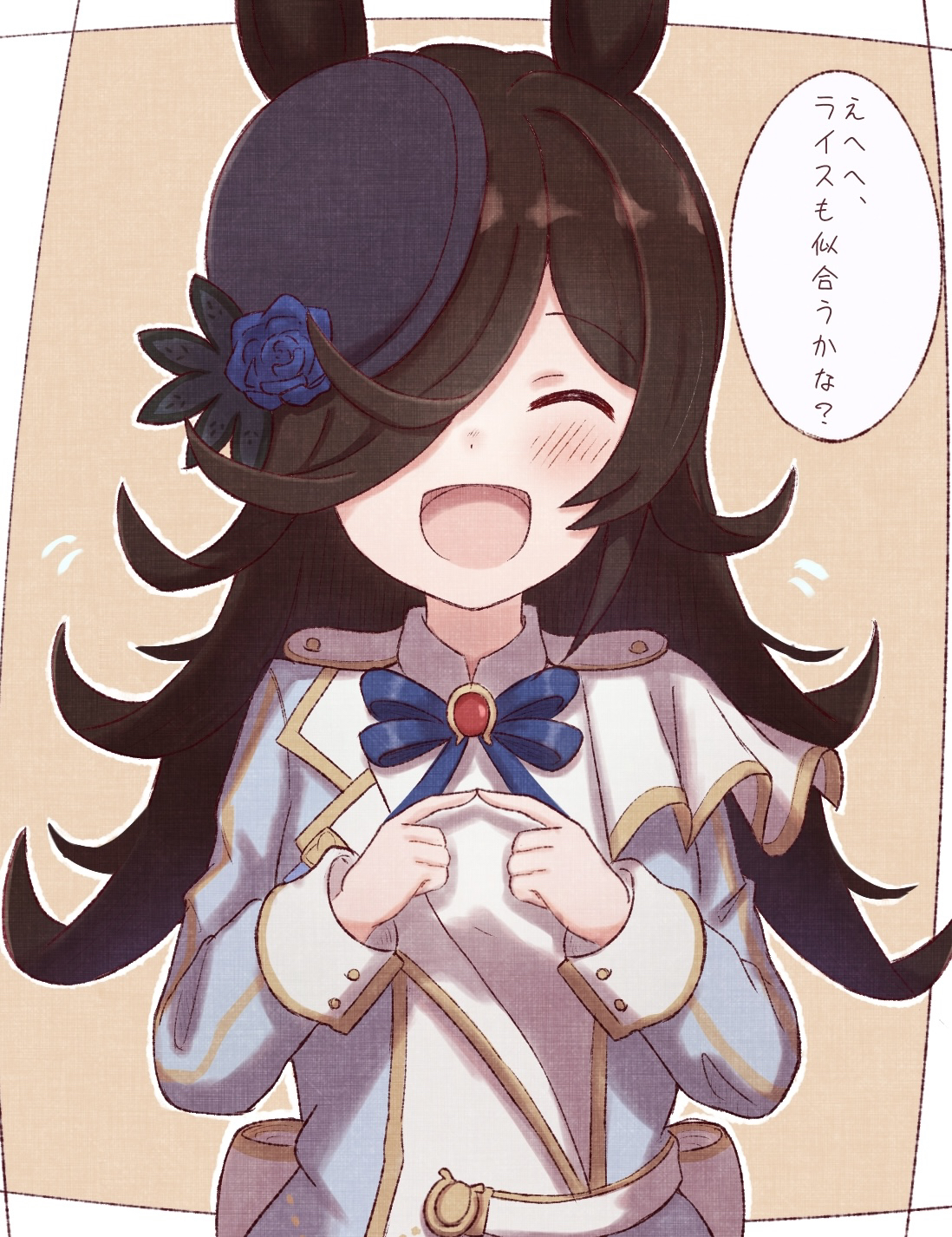 Safebooru - 1girl :d ^ ^ animal ears bangs black hair black headwear blue flower blue jacket ...