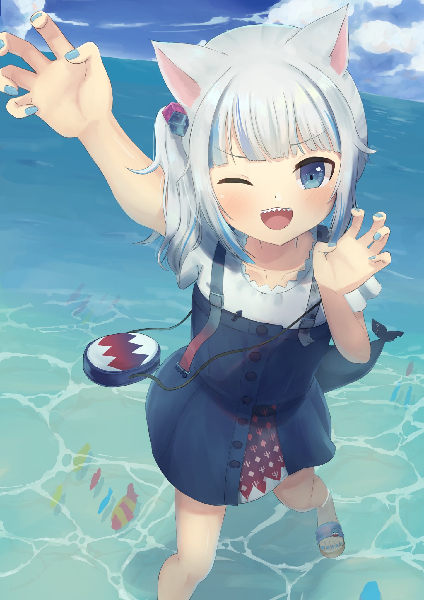 Safebooru - 1girl animal ears arm up bag bangs blue dress blue eyes blue hair blue nails blue ...