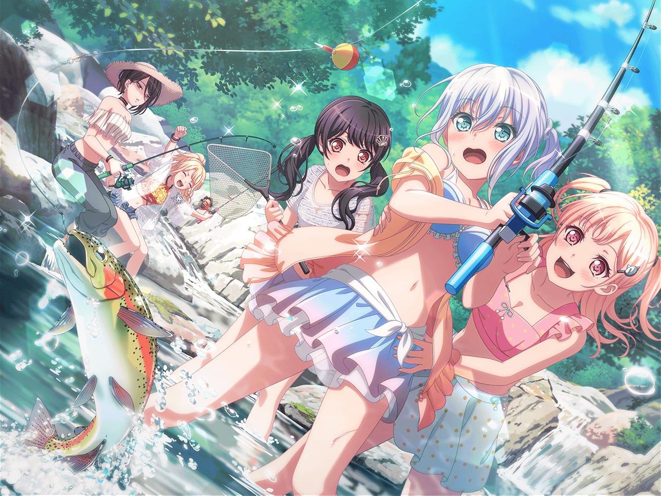 Safebooru - 5girls bang dream! bikini top black choker black hair blonde hair blue hair blush ...