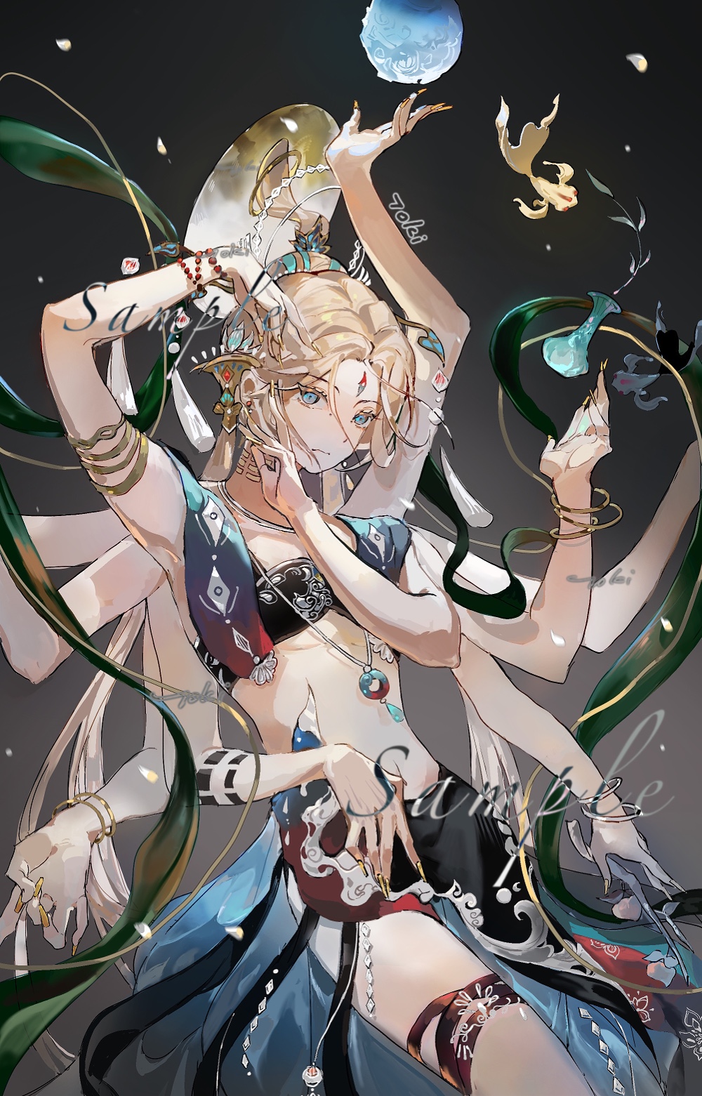 Safebooru - 1girl armlet bangs bead bracelet beads blonde hair blue eyes bodhisattva bracelet ...