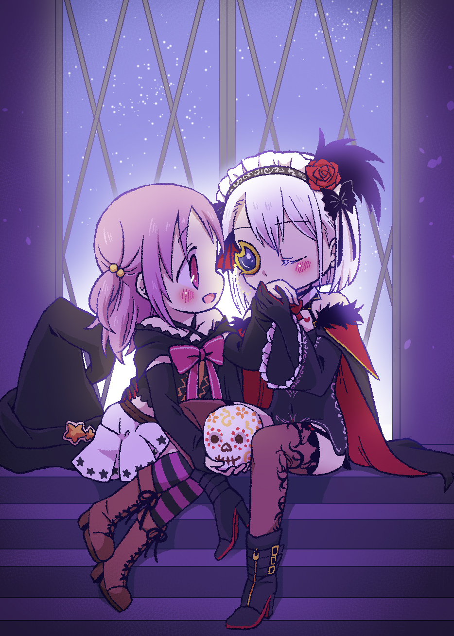 Safebooru - 2girls anmitsu (magenta) arm warmers bangs belt black cape black headwear black ...